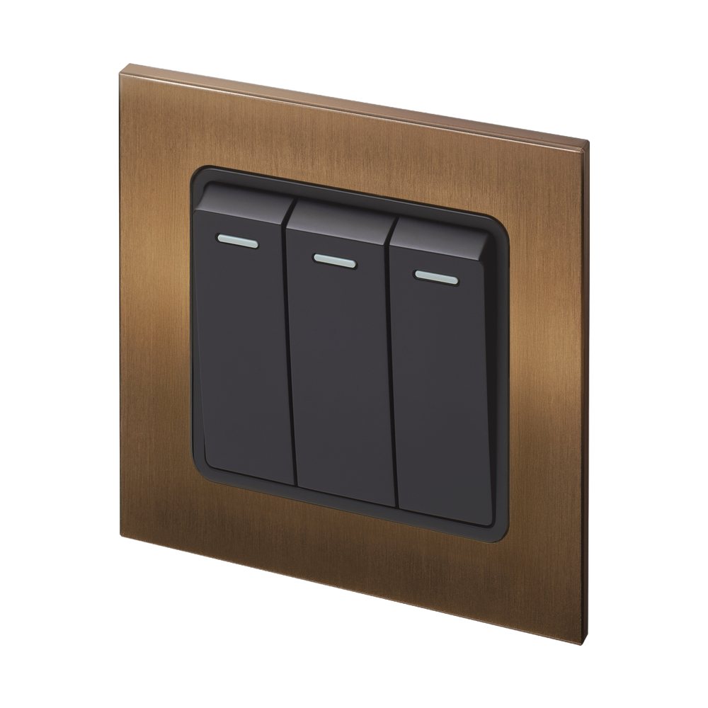 Aura Rocker Triple Retractive Switch - Brushed Bronze RetroTouch Light Switches & Plug Sockets
